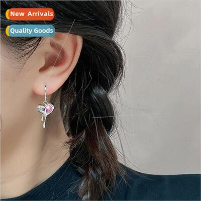 New Pink Diamond Heart Lava Earrings Buckle Long Irregular Z