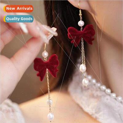 Red flocking bow earhooks retro versatile long tassel earrin
