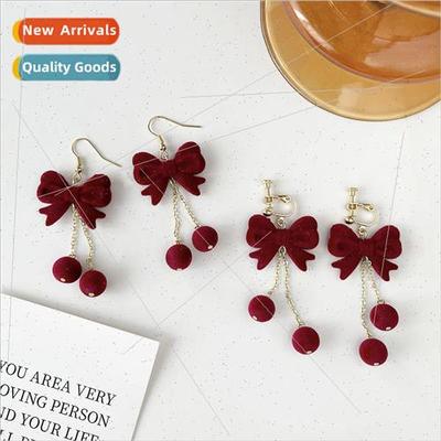 Fall winter new red flocked ear hook bow round ball Christma