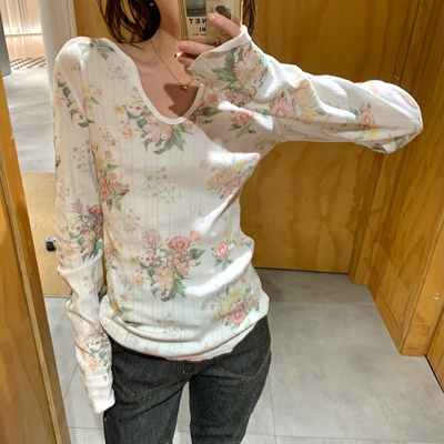 高品原定 yy花卉图案亨利领修身薄款长袖T恤打底衫26早春新款