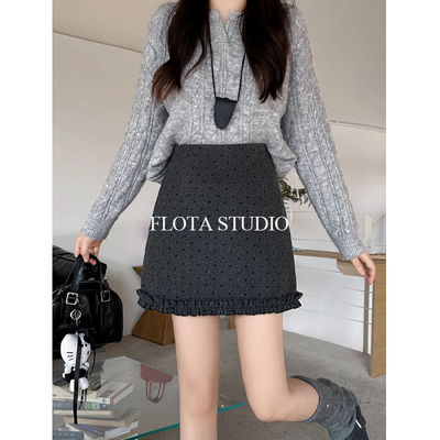 【flota】韩系休闲木耳边波点a字短裙洋气高级百搭半身裙新款0057