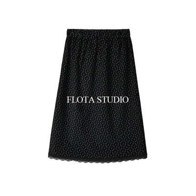 【flota】韩系黑色碎花半身中长裙蕾丝拼接高腰百搭纯棉裙子