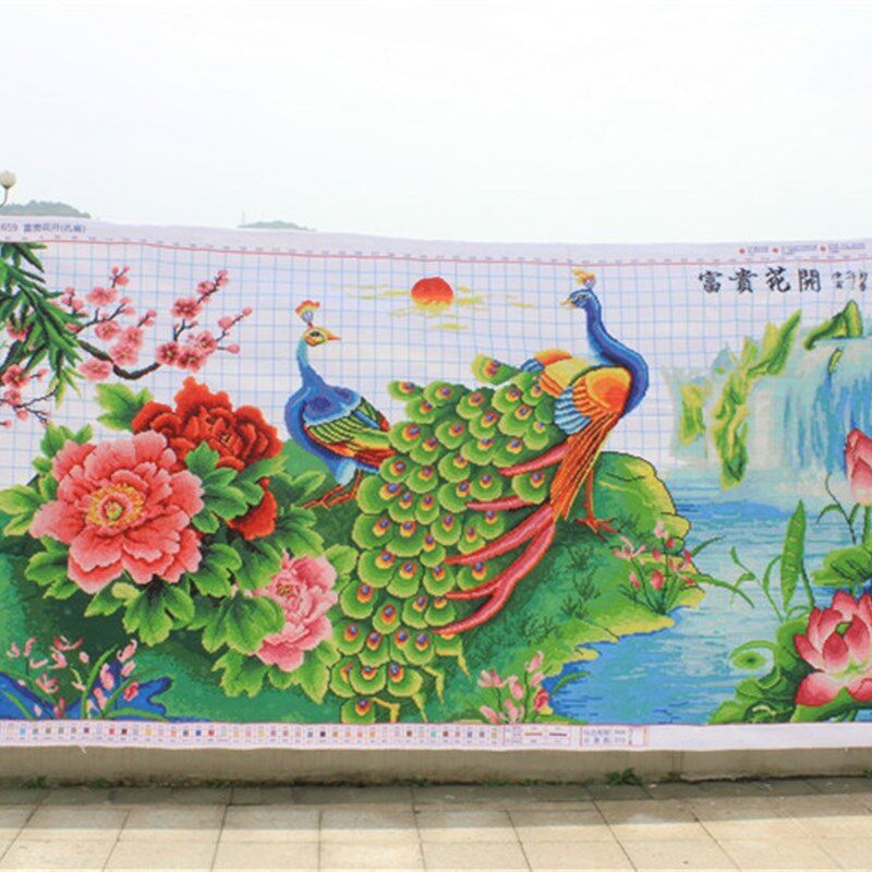 绣好的纯手工十字绣富贵花开孔雀旭日东升机绣成品新款客厅大幅