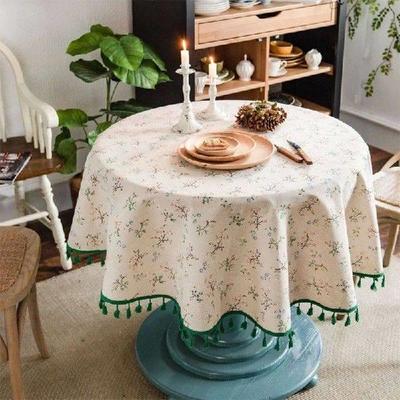 Elegant Floral Print Round Tablecloth Cotton Linen Tassel