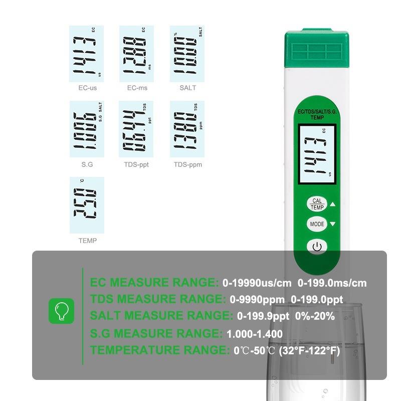 便携式五合一EC/TDS/温度/盐度计家用饮用水水质分析仪水质检测笔