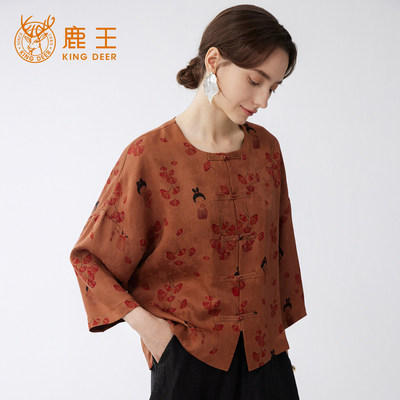 King Deer/鹿王春夏款国风宽松长袖小衫女新中式设计感提花上衣