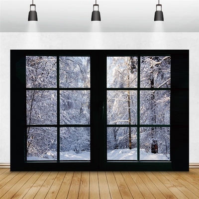 Laeacco Winter Backdrops Wood Window Scenery Snow Forest Tr