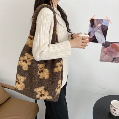 Women Lamb Like Fabric Shoulder Tote Bag Canvas Fluffy Fur
