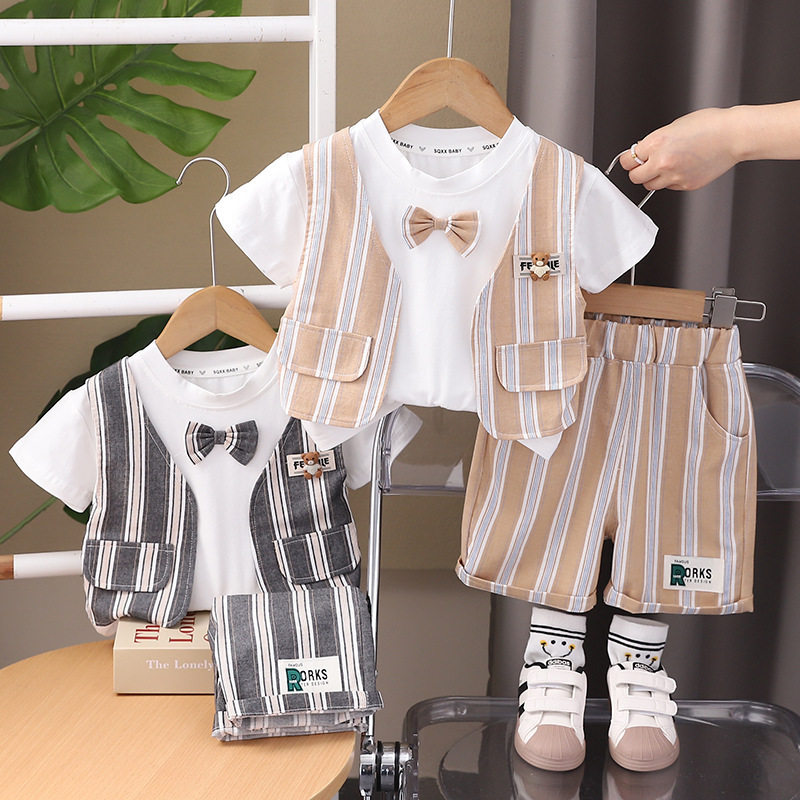 2024夏季新款洋气儿童衣服男宝宝领结直条马甲短袖两件套一件代发