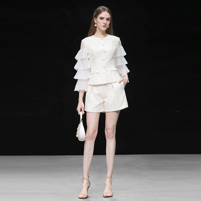 小外套+高腰短裤蕾丝套装女