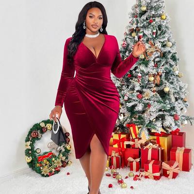 Womens Sexy Celebrity Style Dress V-Neck Burgundy Midi