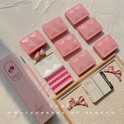 Fome粉色重搪瓷12格24格粉色盒子调色盒迷你水彩定制盒樱花粉铁盒