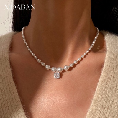 西大班通体银方糖吊坠灰珍珠项链