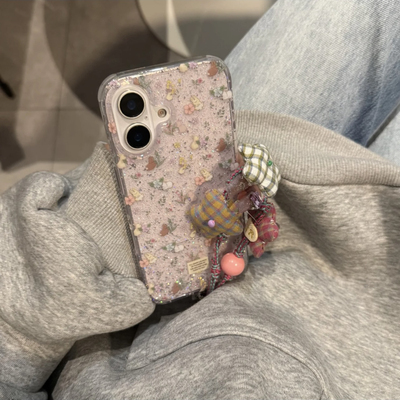 INS可爱闪粉碎花兔子双层印花手链韩系14适用iphone16promax苹果16pro手机壳苹果16/13软15Promax保护套1女