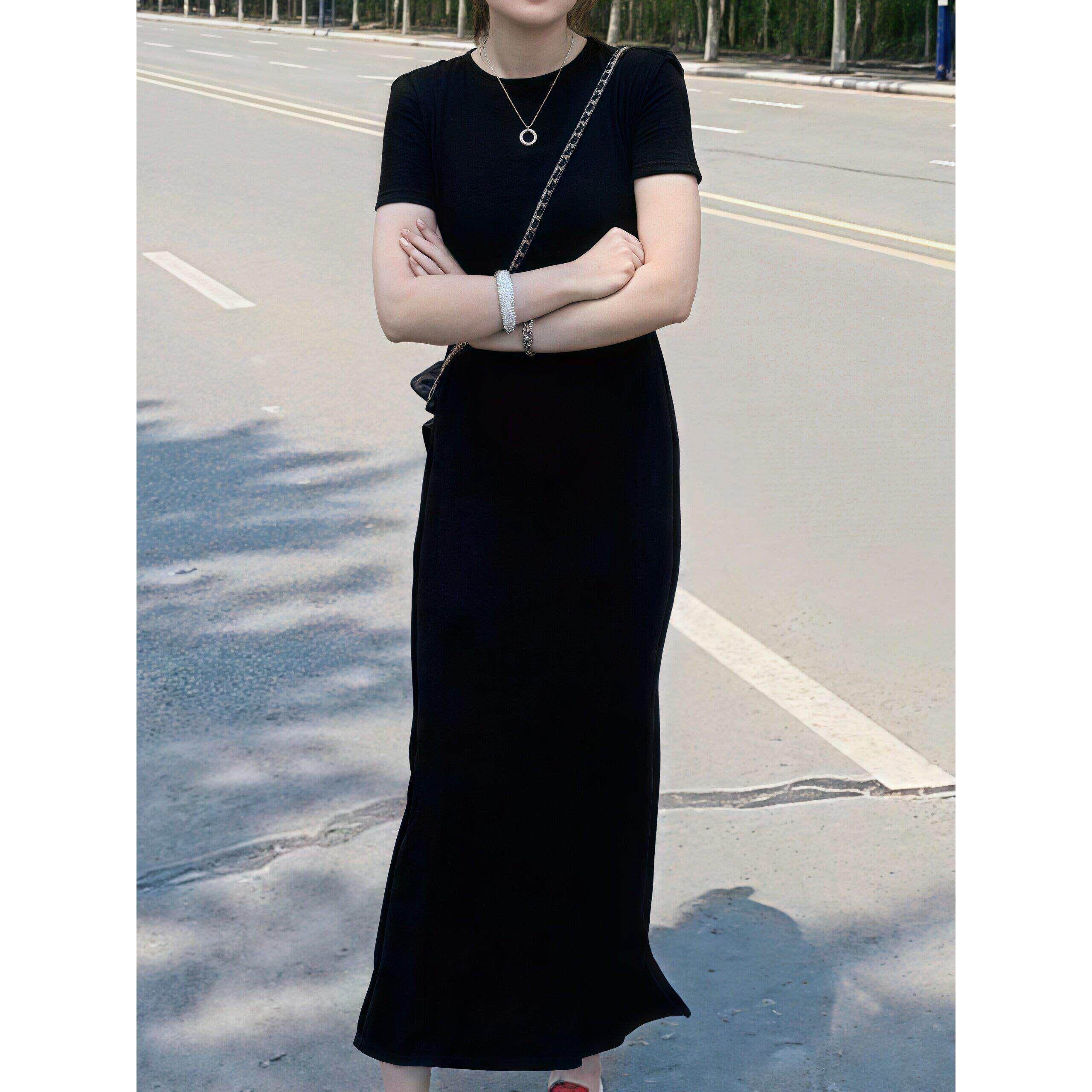香港宽松百搭显瘦长款连衣裙女2026夏季薄款时尚修身短袖黑色裙子