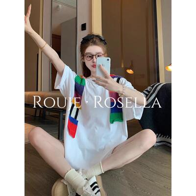 法国Rouje Rosella彩虹拼接披肩短袖t恤女夏季大板设计感上衣