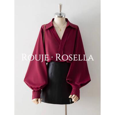 法国Rouje Rosella⭐安哥拉红气质通勤长袖v领衬衫女灯笼袖上衣
