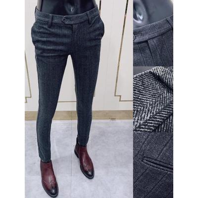 高端毛呢裤子秋冬季男士免烫格子休闲裤商务加厚西裤修身小脚长裤