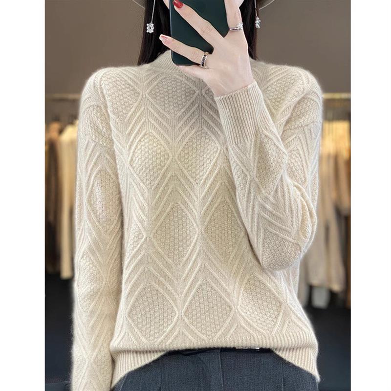 菱形半高领针织衫女加厚毛衣2025新款宽松针织打底衫女式