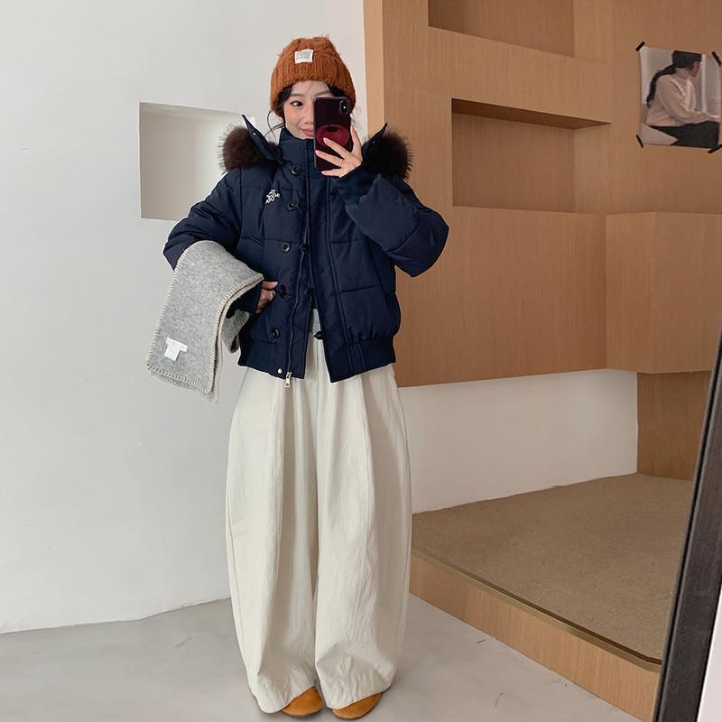 美式藏青色毛领短款棉衣女款爆款2025新款连帽冬季夹棉棉服外套女