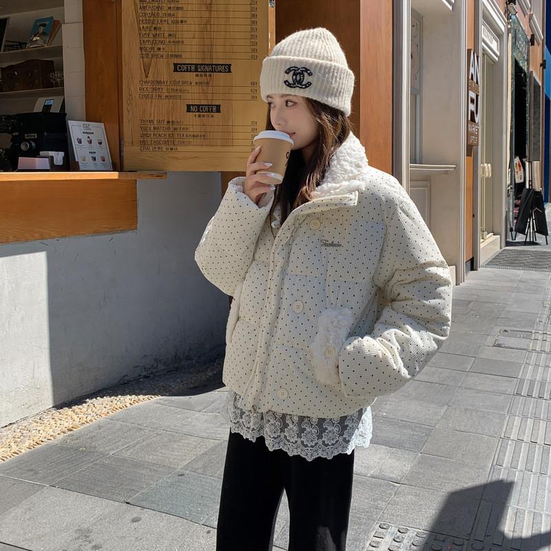 韩系设计感毛茸茸甜美波点棉服外套女冬季新款学生加厚保暖面包服