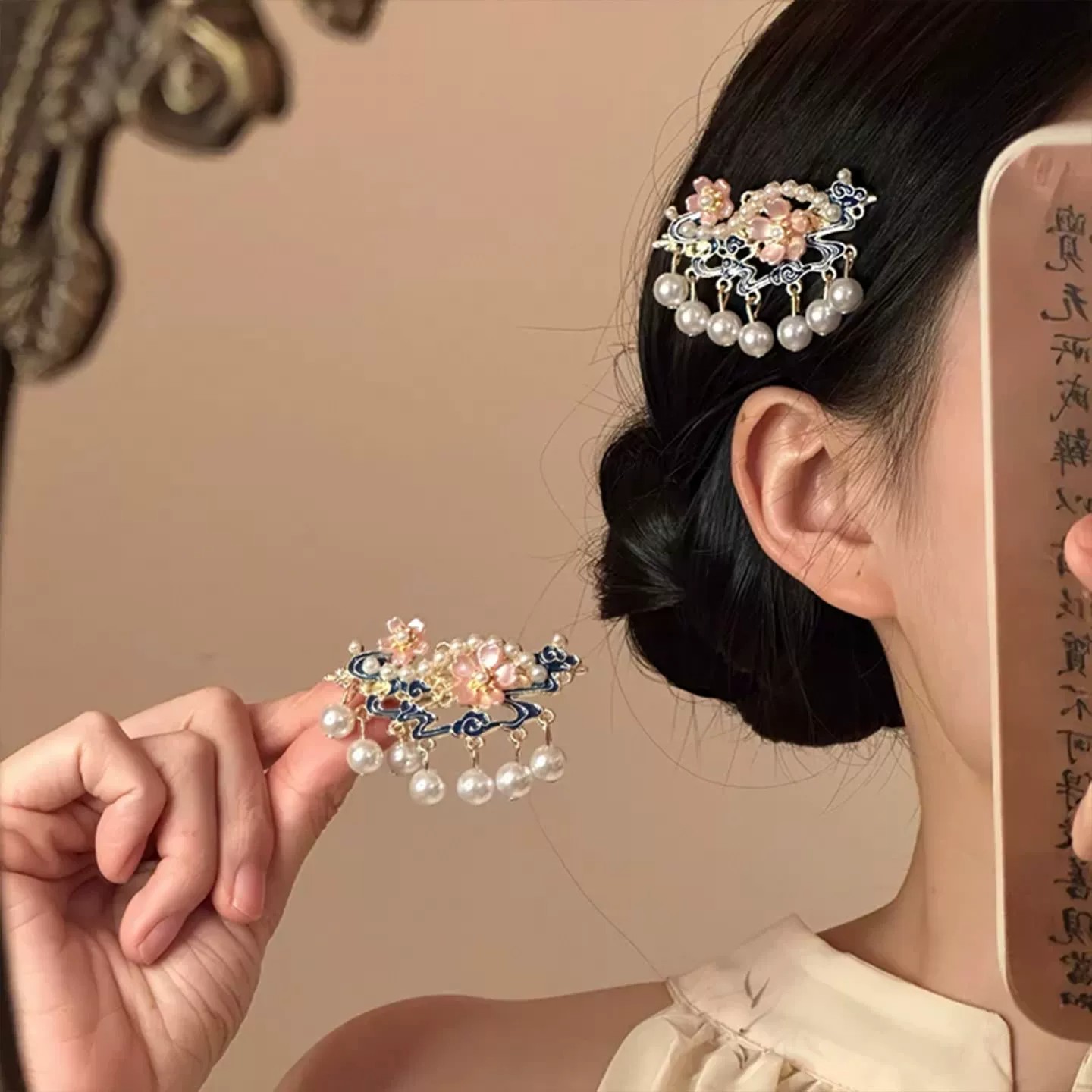 「东方美学」国风花朵珍珠流苏发夹女边夹新中式发饰民族特色服配