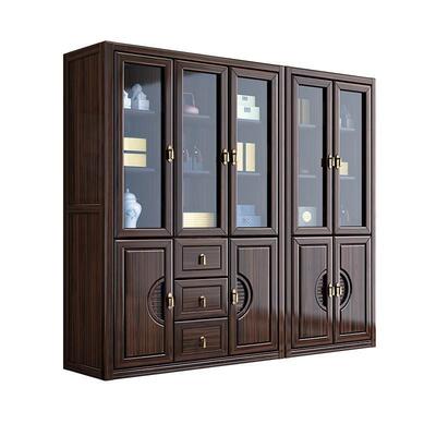 新中乌金木全实木家用书储组合落地简柜约书橱式带书架玻7402/740