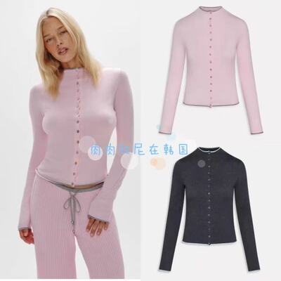 现货 Frankies Bikinis 秋冬新款撞色卷边系扣长袖针织开衫上衣女