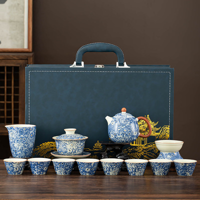 Dehua Ru Kiln High end Kung Fu Tea Set with Flower Blossoms, Business Companion Hand Gift, Tea Making, Light Luxury Gif