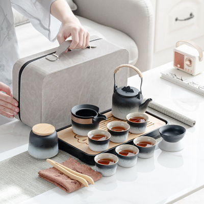 Travel tea set, tea tray, household kung fu tea cup, outdoor portable tea pot, ceramic business gift