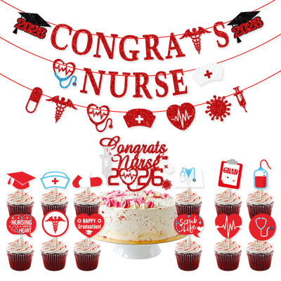 Doctor and Nurse's Day theme graduation season decoration flags CONRATS NURSE flags flower cake cards