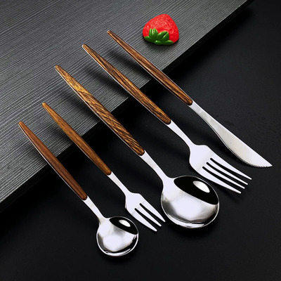 Imitation wood grain handle knife, fork, spoon, stainless steel Western tableware, Portuguese steak knife, fork, desser