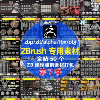 ZB素材合集第7季ZBP笔刷ZTL模型阿尔法贴图ZBrush雕刻建模3D素材