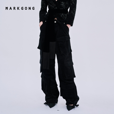 MARKGONG军绿多口袋工装牛仔裤