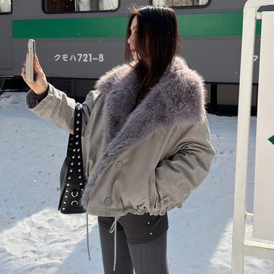 MMFISH时髦街头仿狐狸毛大毛领派克服夹棉加厚毛毛外套25Y656