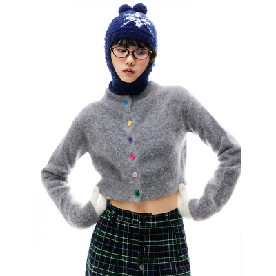 Bel Canto原创手工彩色扣 设计师款高智感灰色马海毛长袖针织开衫