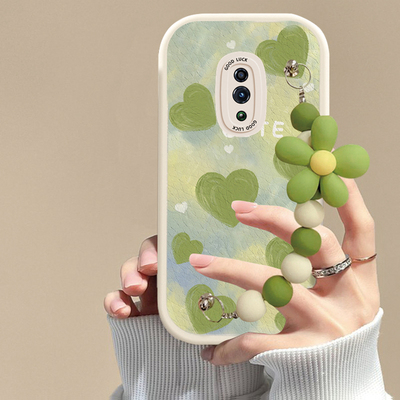 适用opporeno手机壳绿色爱心链条opporenoz软硅胶磨砂防摔可爱女网红全包新款潮