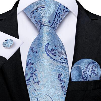 Light Blue Paisley Striped Silk Ties For Men Handkerchief Cu