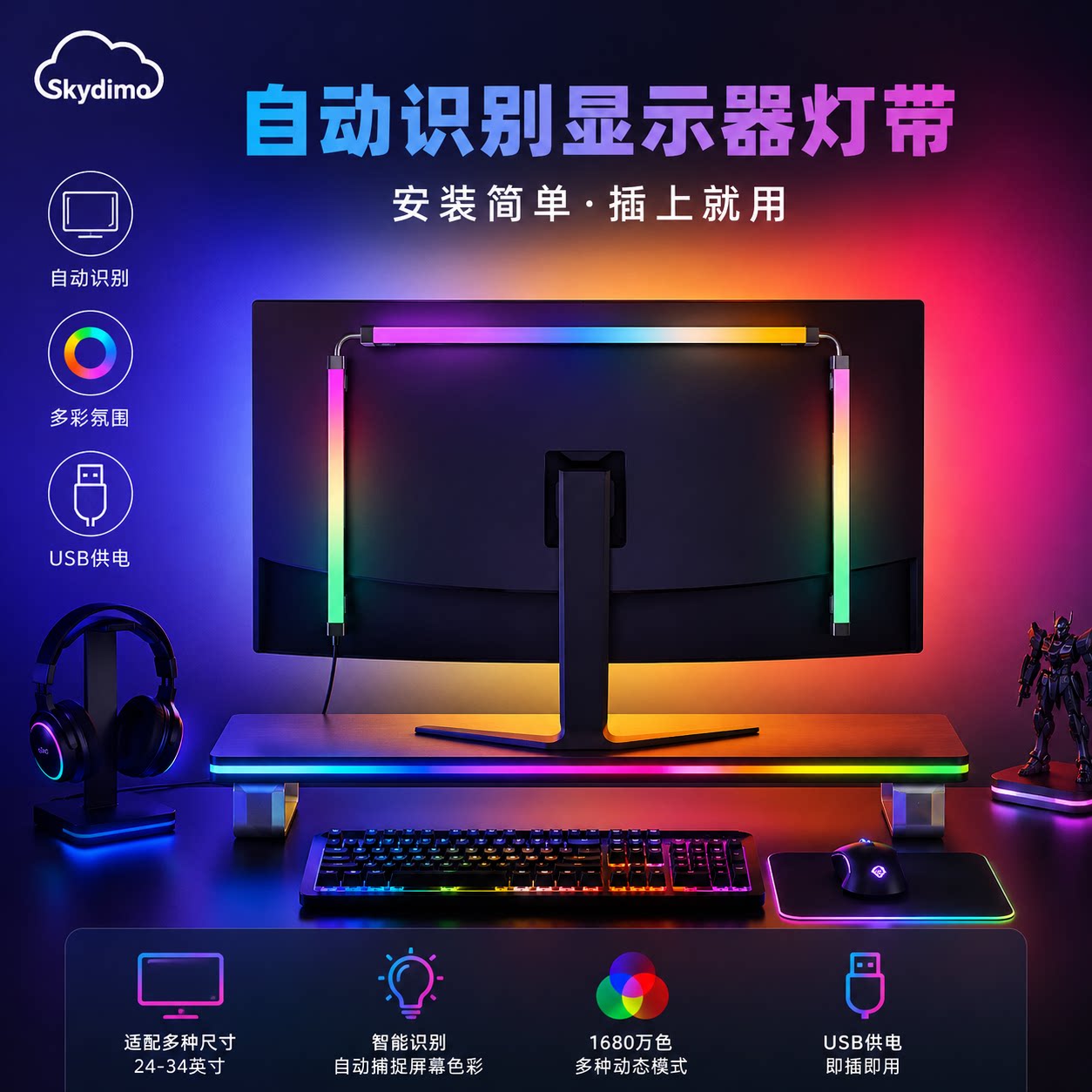 电脑RGB氛围灯带电竞房间装饰桌面显示器背灯随屏变色同步追光灯