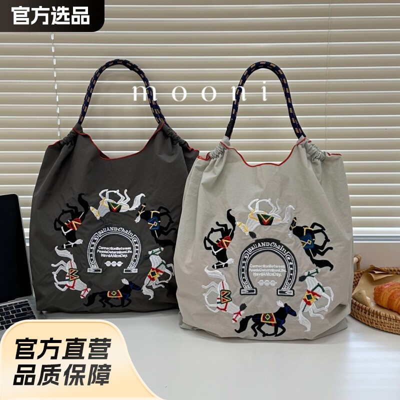 网红夏季日系Ball Chain刺绣购物袋女时尚小众大容量单肩包潮