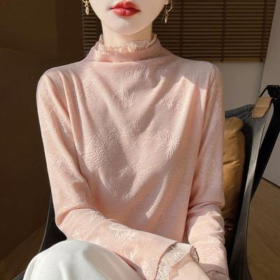 春季针织精致提花蕾丝半高领打底衫女高级感软糯内搭木耳边薄上衣