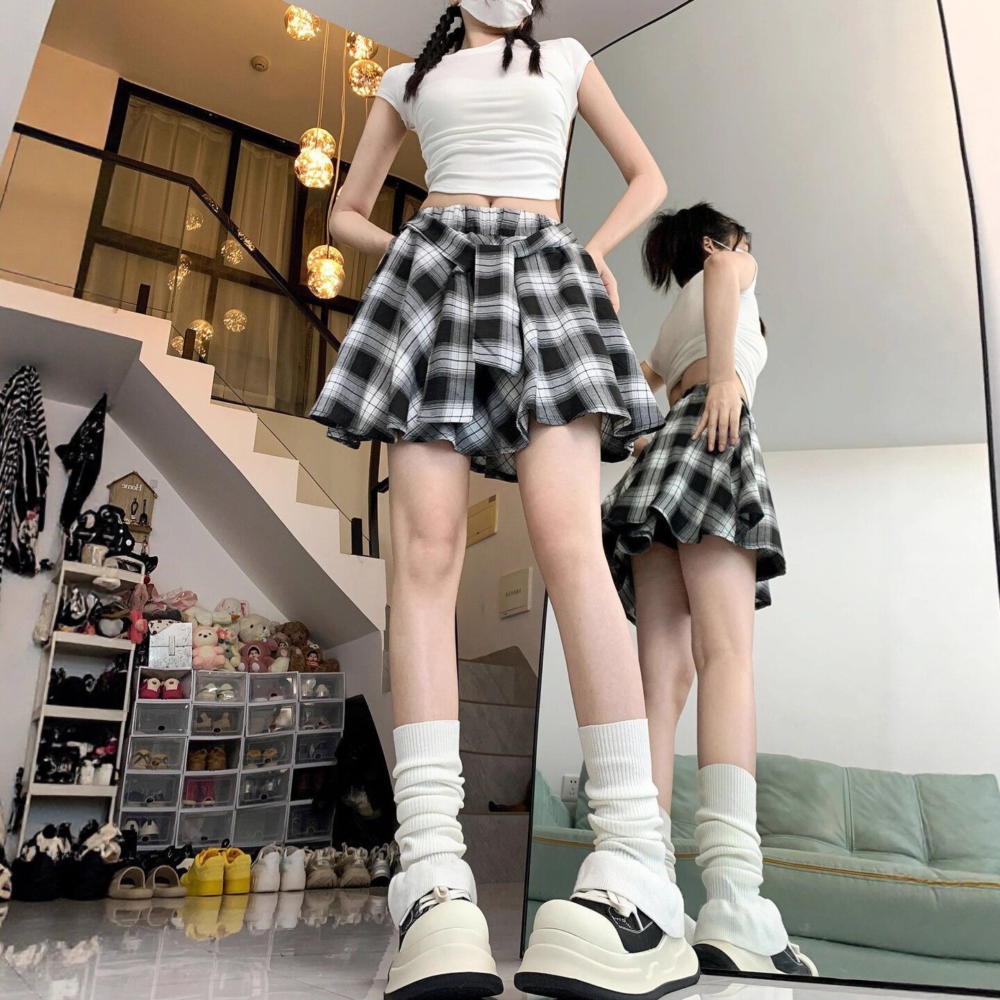 不规则复古格子半身裙女夏季百搭显瘦防走光美式辣妹a字百褶短裙