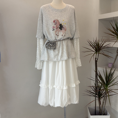 su云朵店春上新云+小马印花订珠宽松休闲假两件蕾丝长袖T恤Z8555