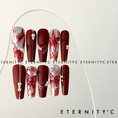 C+红色丝绸蝴蝶重工亚文化新款欧美高级小众中长款美甲穿戴甲手工