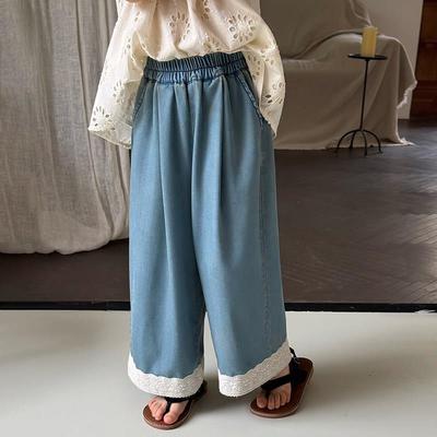女童甜美蕾丝边直筒裤儿童洋派休闲 垂感轻薄天丝软牛仔裤 25E014
