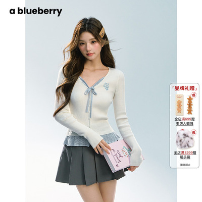 ablueberry花边V领针织开衫女