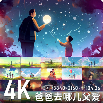 田野草地父子牵手放风筝温暖亲子治愈插画高清动态背景视频素材