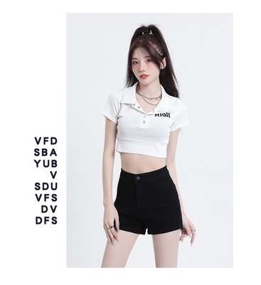 美式复古polo领短袖正肩t恤女露脐短款设计感显瘦修身辣妹上衣夏