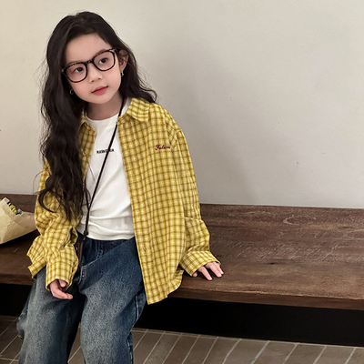 男女童韩系格子衬衫刺绣字母翻领