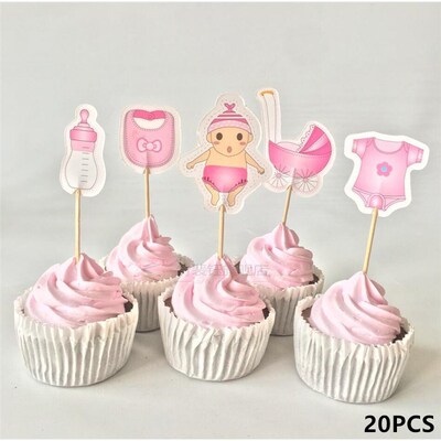 12/18/20pcs Baby Shower cake Toppers Boy Girl Christening Bl
